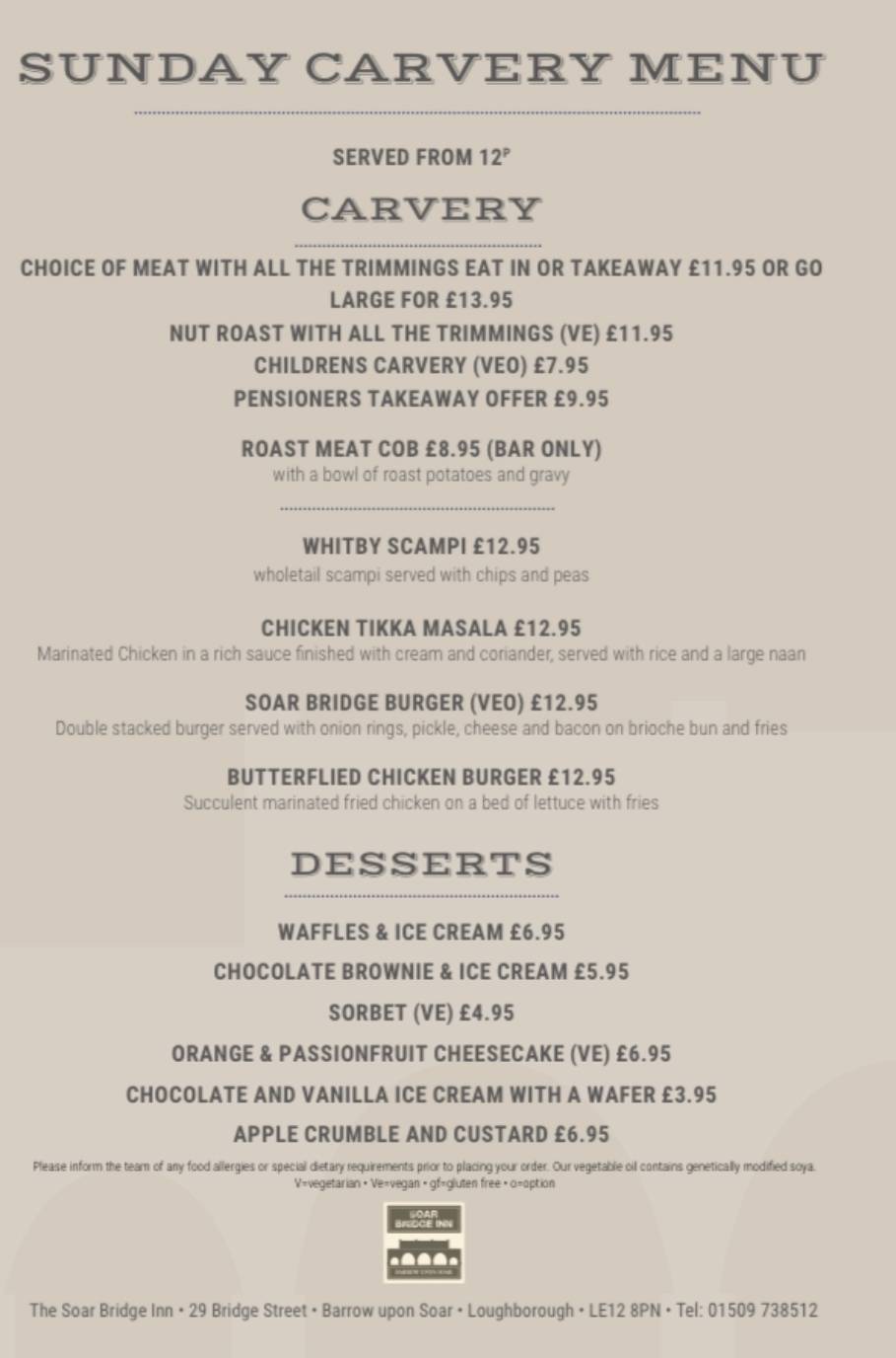 Menu at Soar Bridge Inn pub & bar, Loughborough, 29 Bridge St