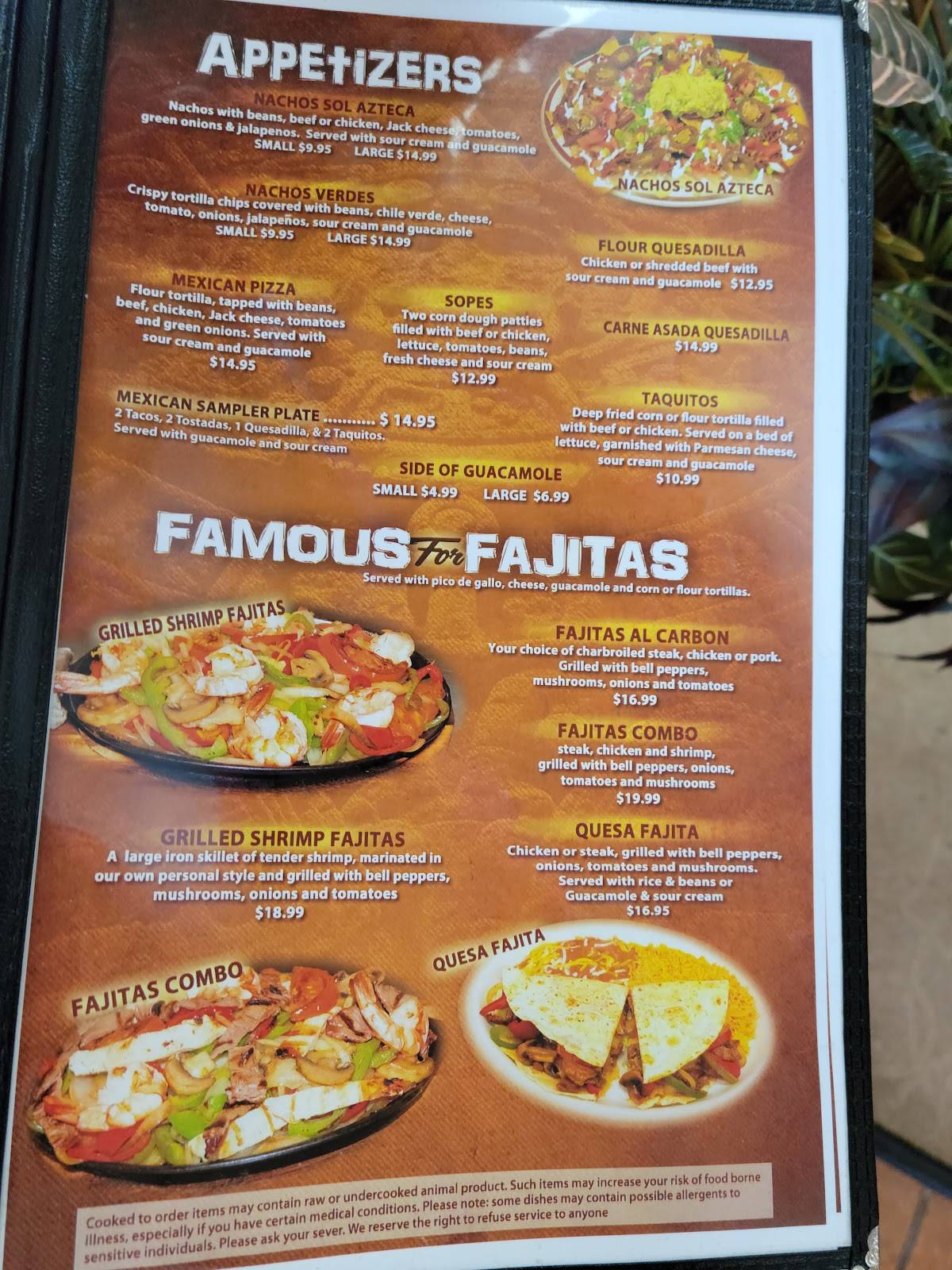 Menu at Sol Azteca Mexican Restaurant, Cottage Grove