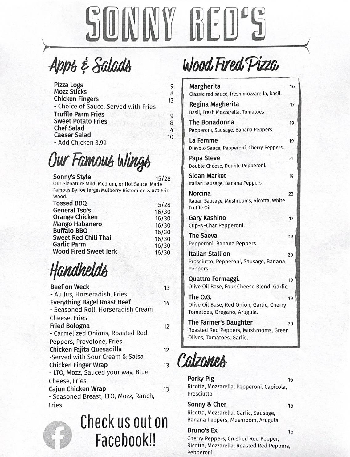 Menu at Sonny Red's pizzeria, Lackawanna