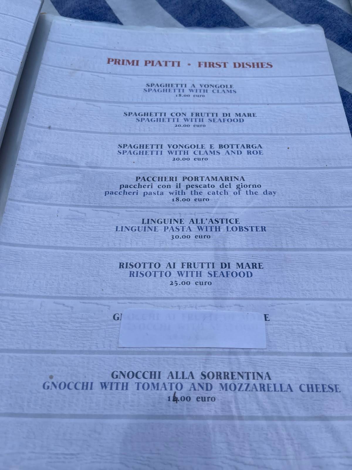 Menu at Porta Marina Seafood restaurant, Sorrento, Via Marina Grande