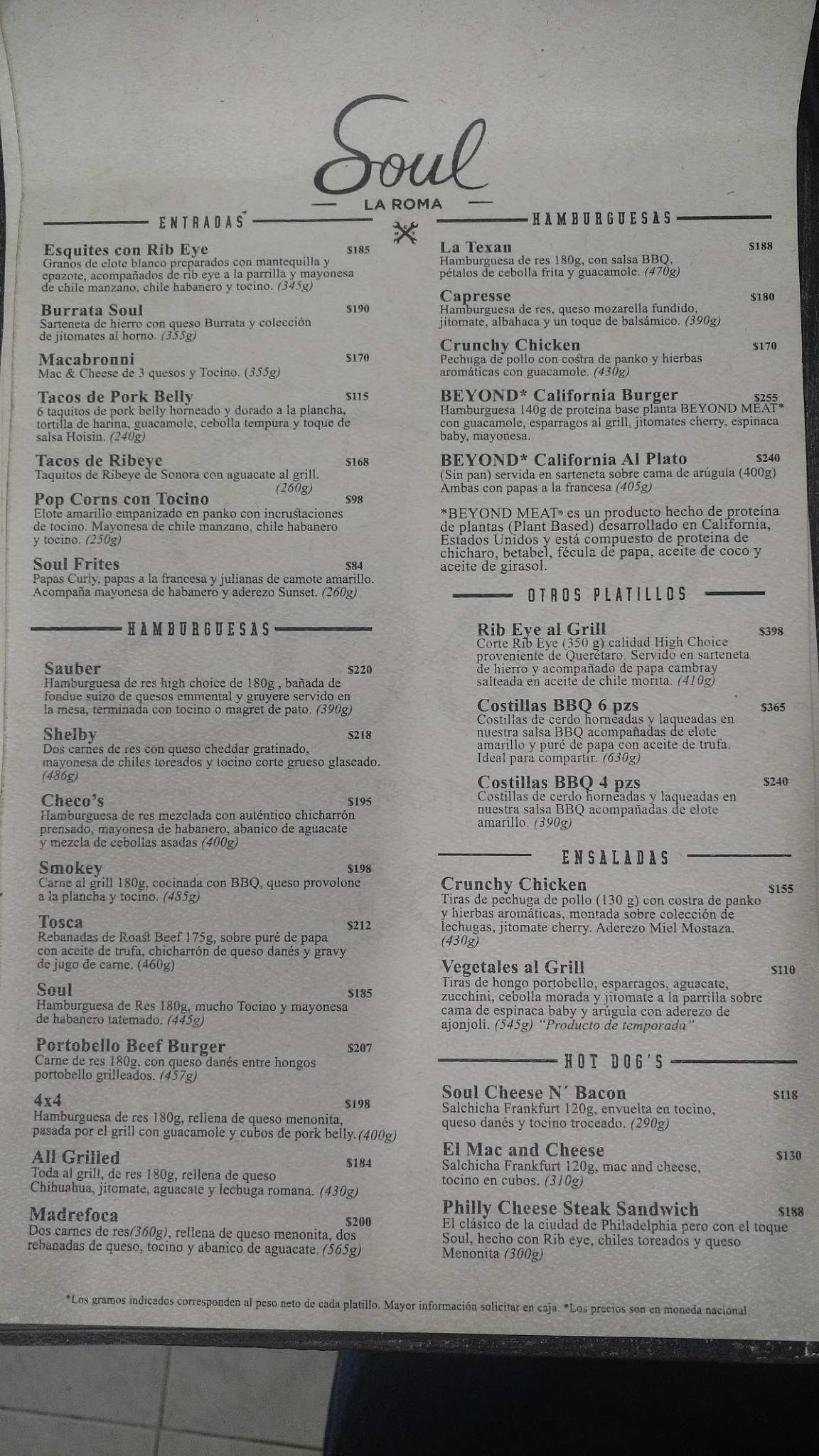 Carta del restaurante Soul La Roma, Ciudad López Mateos