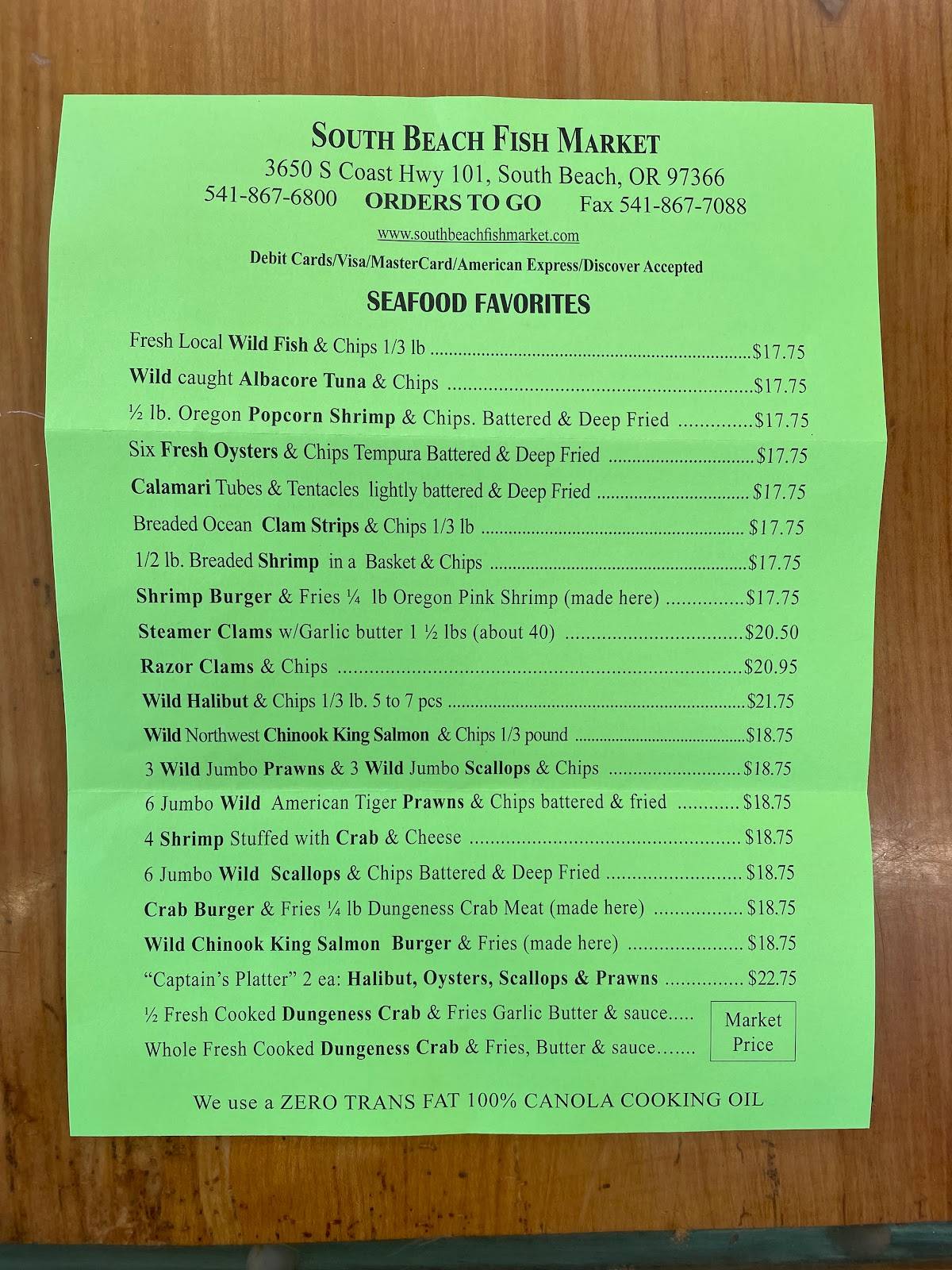 Menu at South Beach Fish Market restaurant, Newport