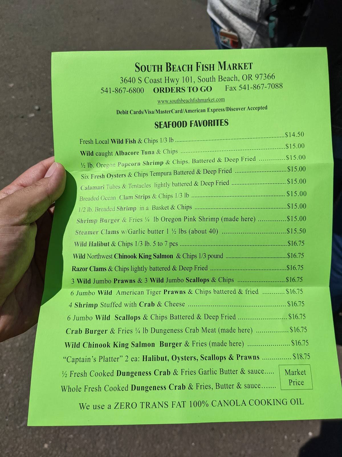 Menu at South Beach Fish Market restaurant, Newport