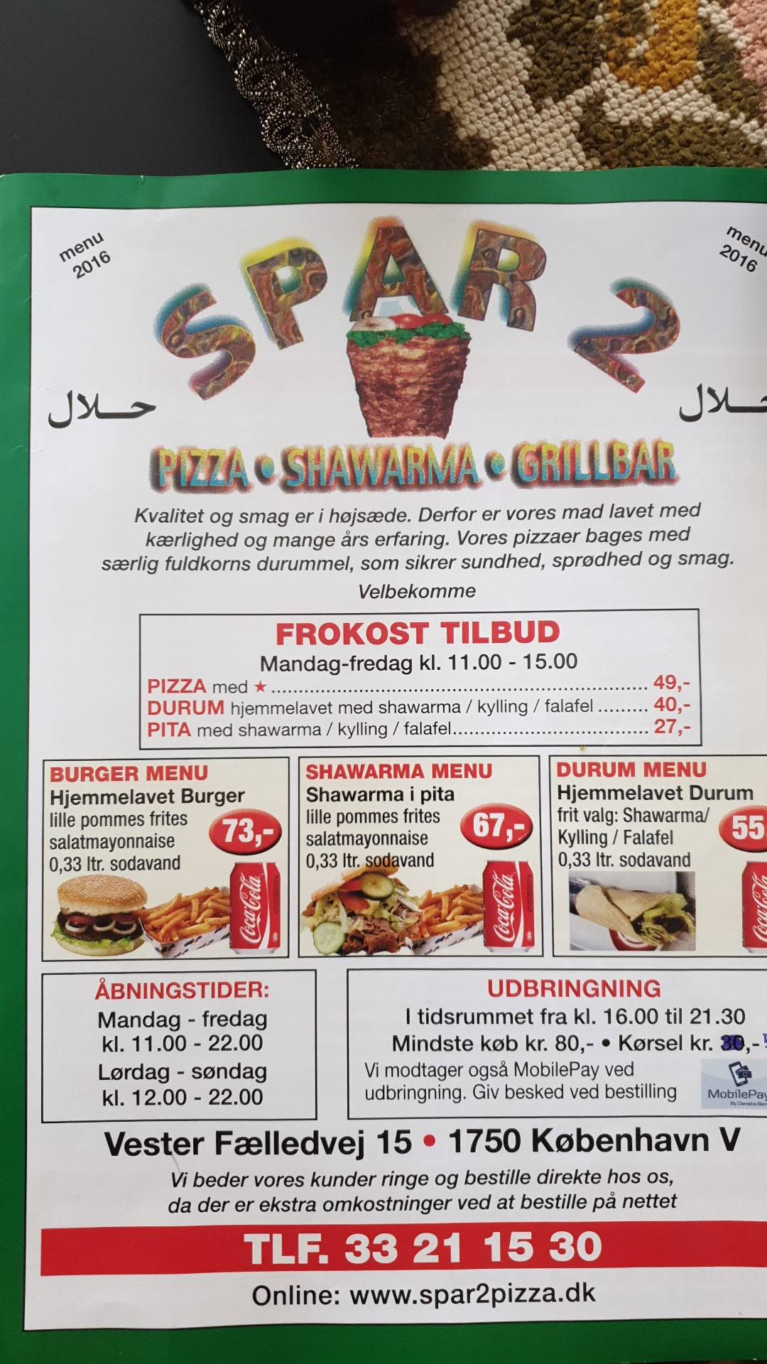 Menu at Spar 2 Pizza og Grillbar, Copenhagen
