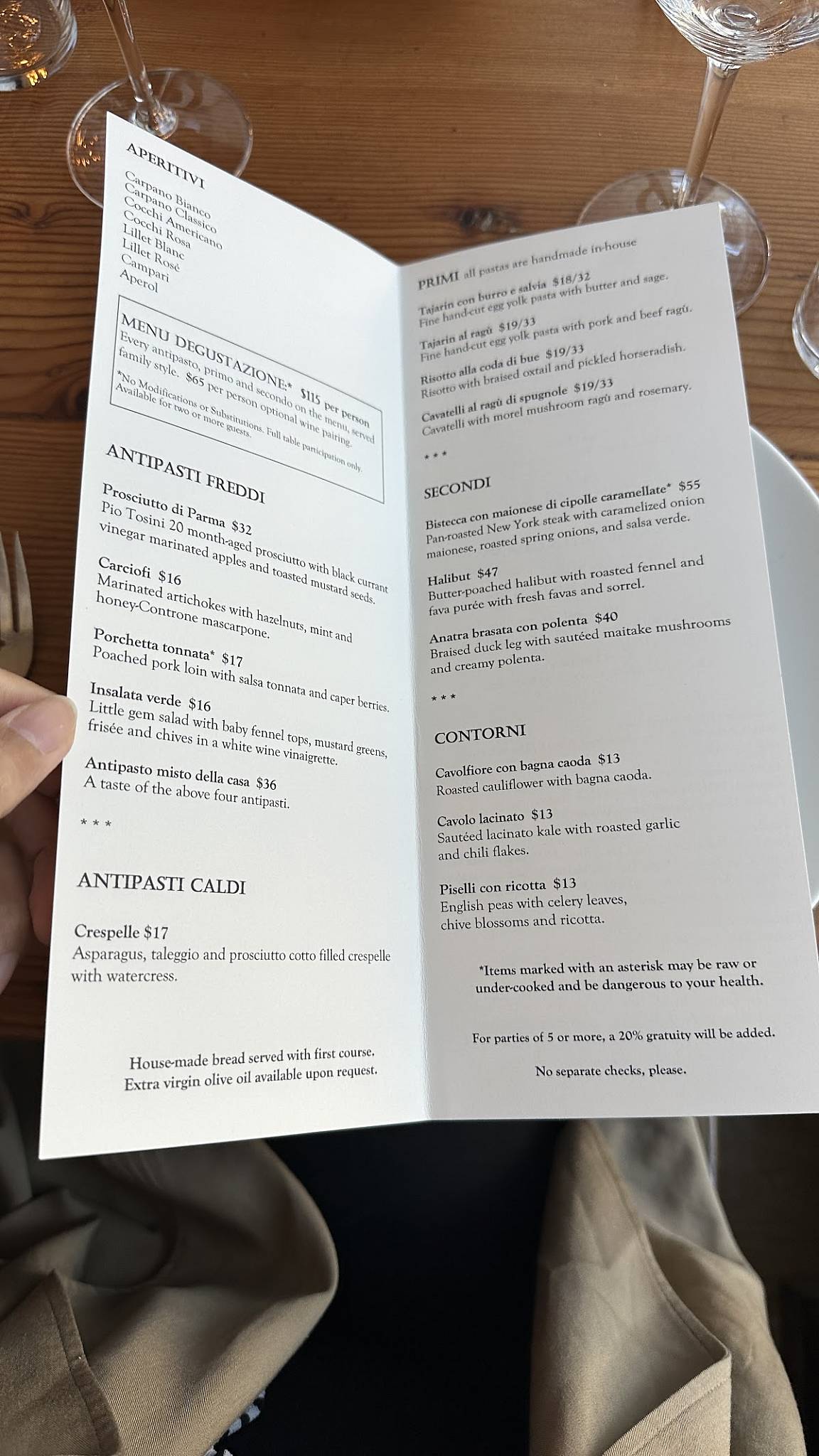 Menu at Spinasse restaurant, Seattle