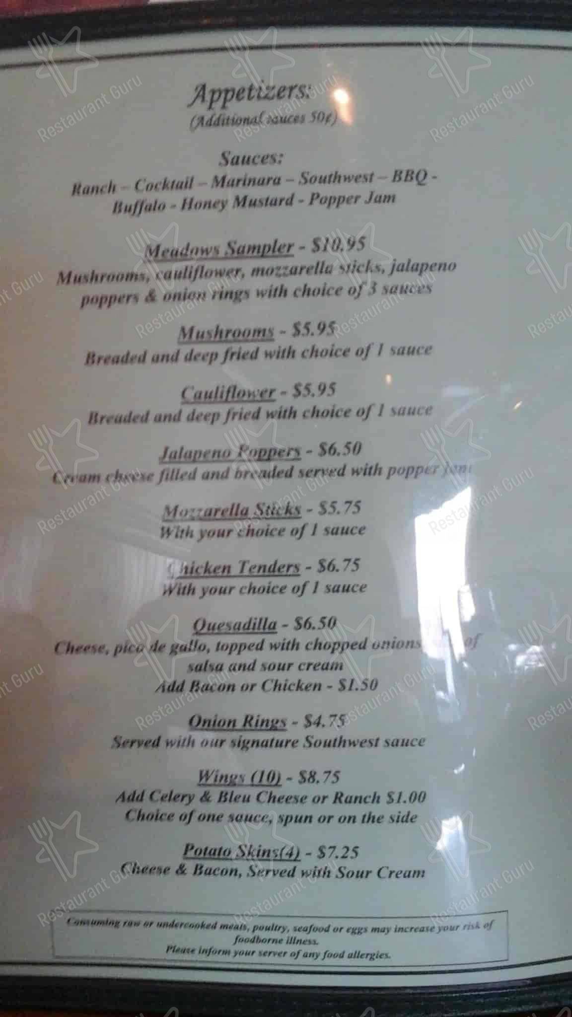 Menu at Meadows Restaurant, Springfield