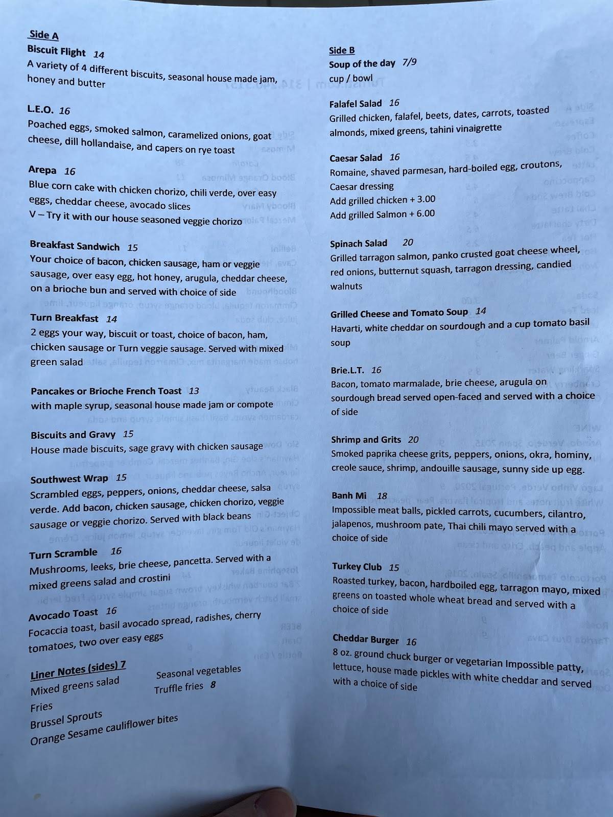 Menu at Turn restaurant, St. Louis