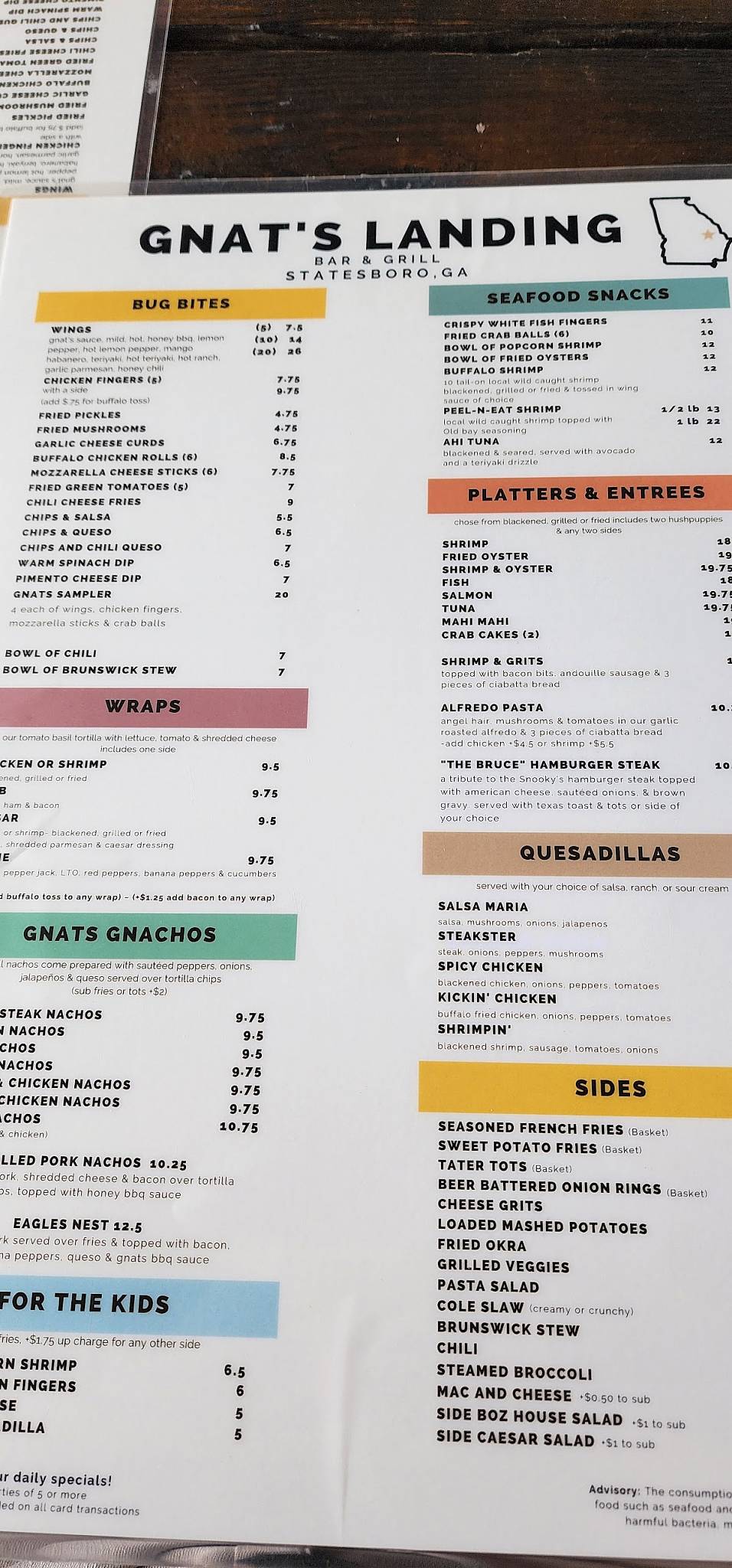 Menu at Gnat's Landing pub & bar, Statesboro
