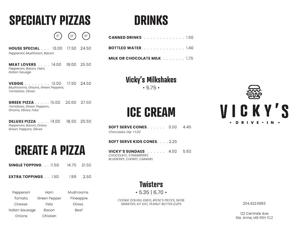 Menu at Vicky's Drive Inn restaurant, Ste. Anne