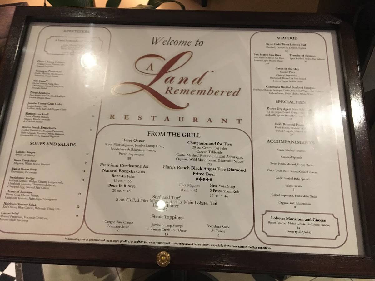 Menu at A Land Remembered steakhouse, Orlando, Universal Blvd