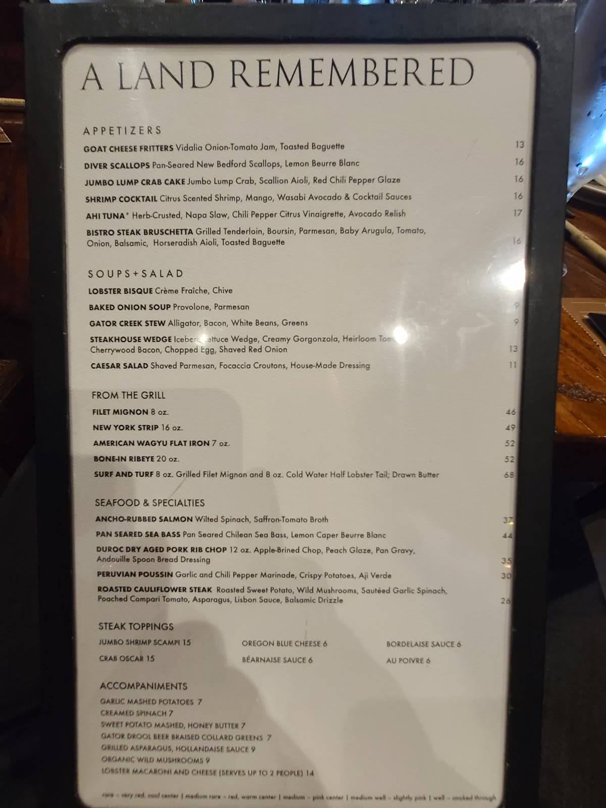 Menu at A Land Remembered steakhouse, Orlando, Universal Blvd