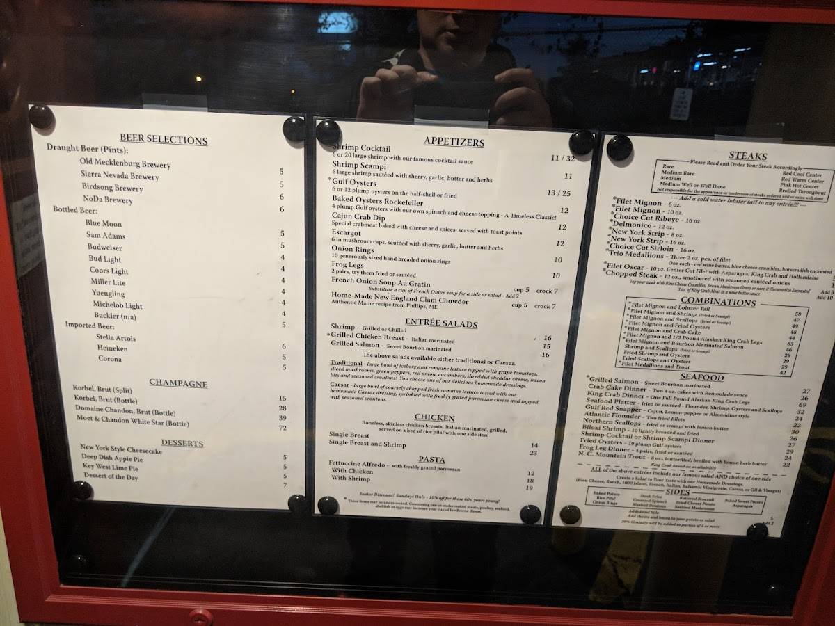 Menu at Beef 'N Bottle Steakhouse, Charlotte