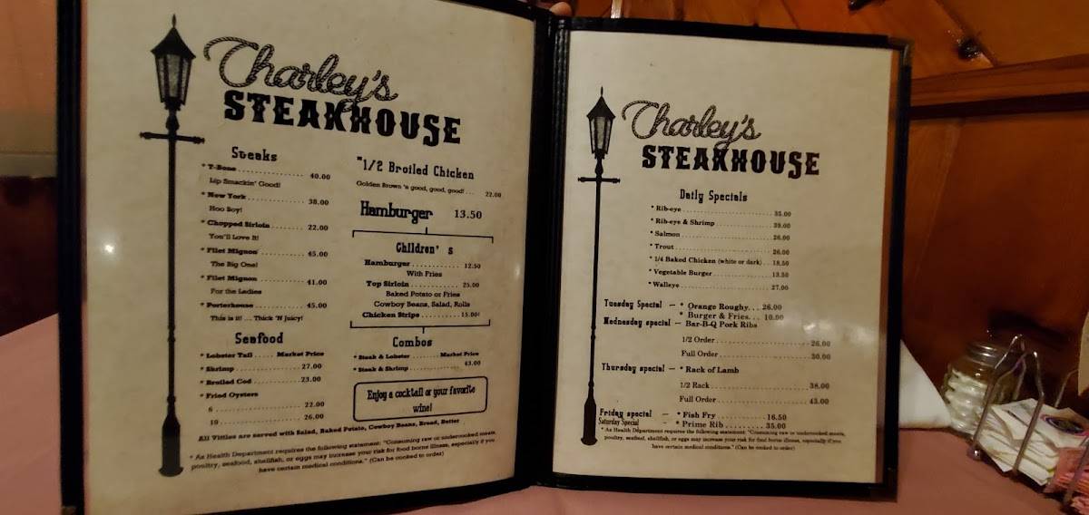 Menu at Charley's Steak House steakhouse, Wickenburg