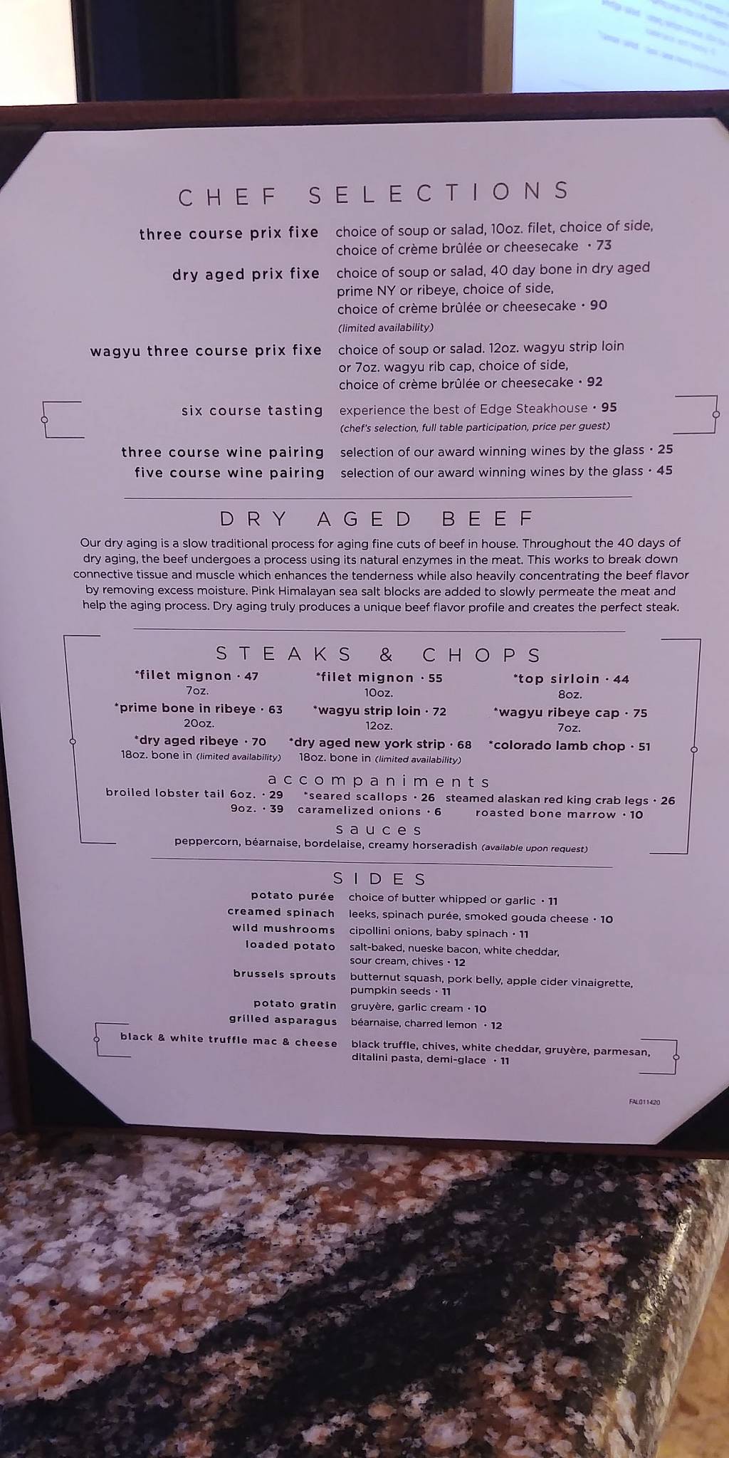 Menu at Edge Steakhouse, Las Vegas