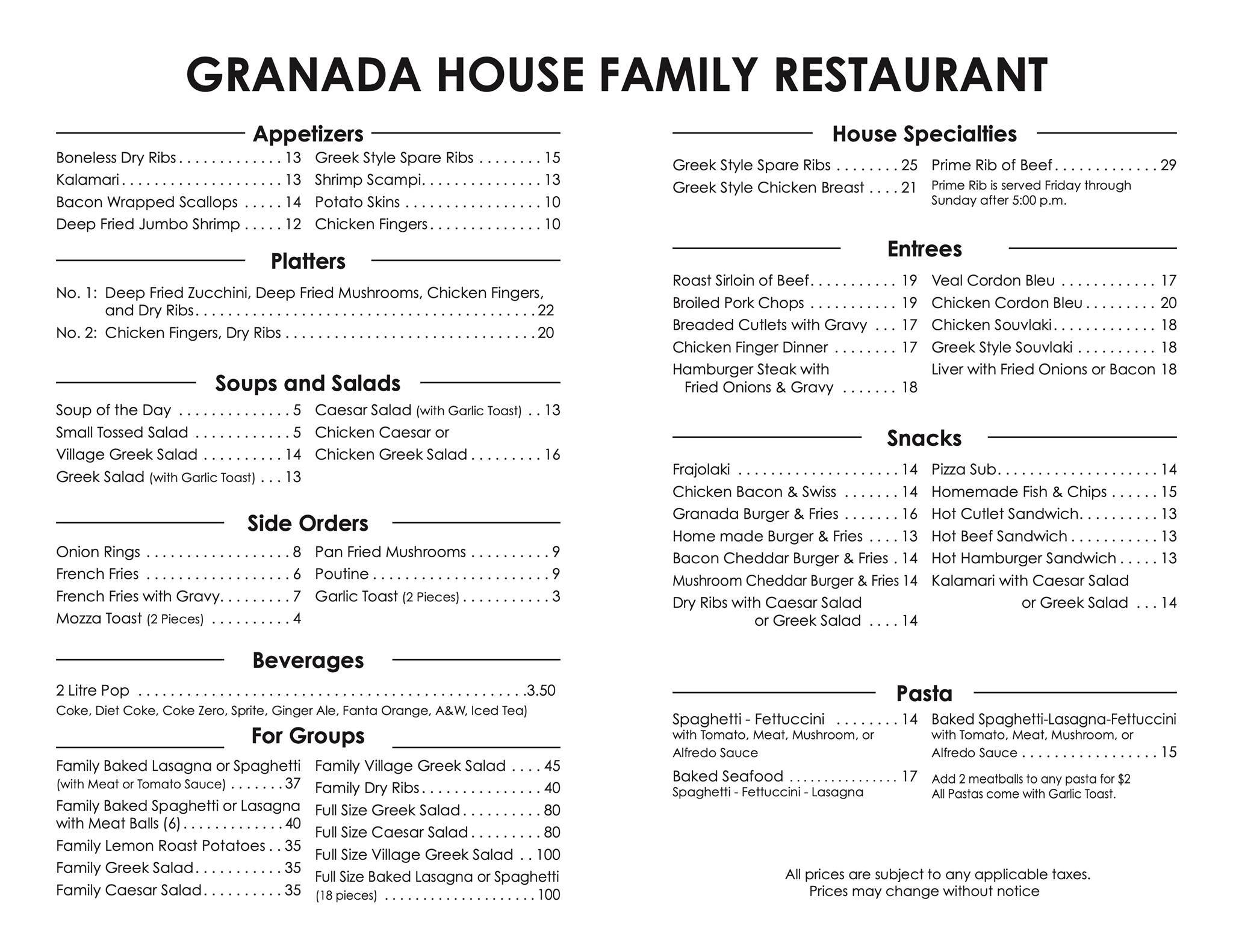 Menu at Granada House steakhouse, Saskatoon