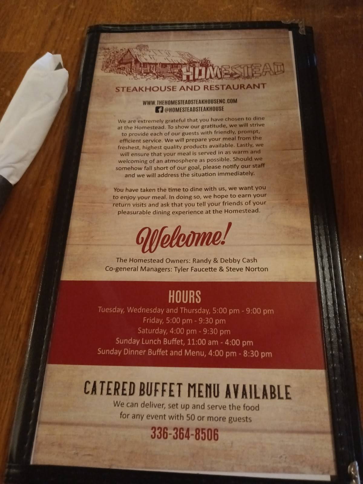 Menu at Homestead Steakhouse & Restaurant, Timberlake, 205 Frank ...