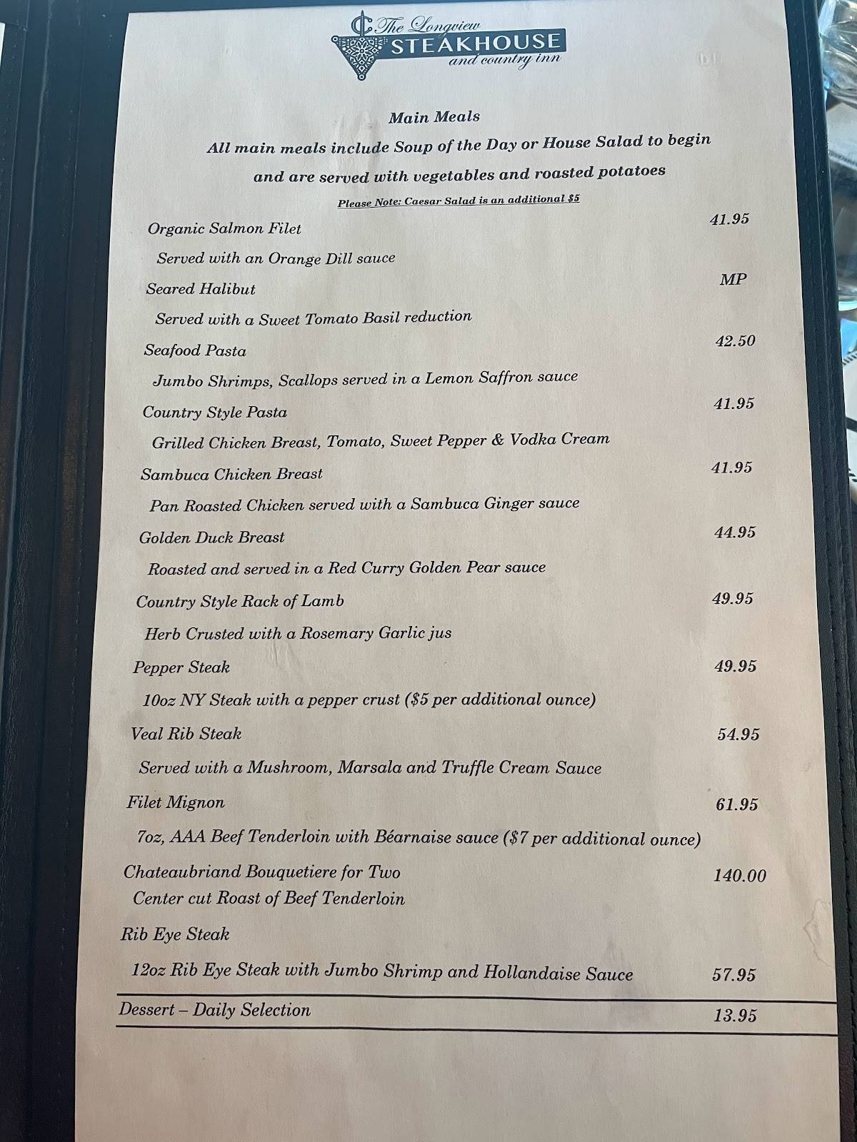 Menu at Longview Steakhouse, Longview, Highway 22 West