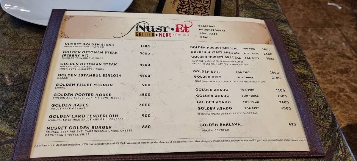 Menu at Nusr-Et Steakhouse Dubai, Dubai, Restaurant Village Four ...
