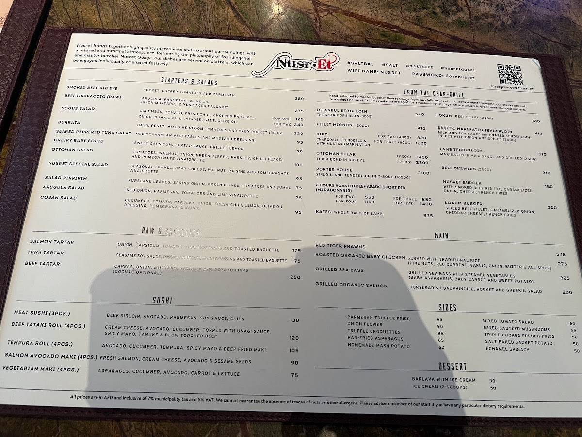 Menu at Nusr-Et Steakhouse Dubai, Dubai, Restaurant Village Four ...