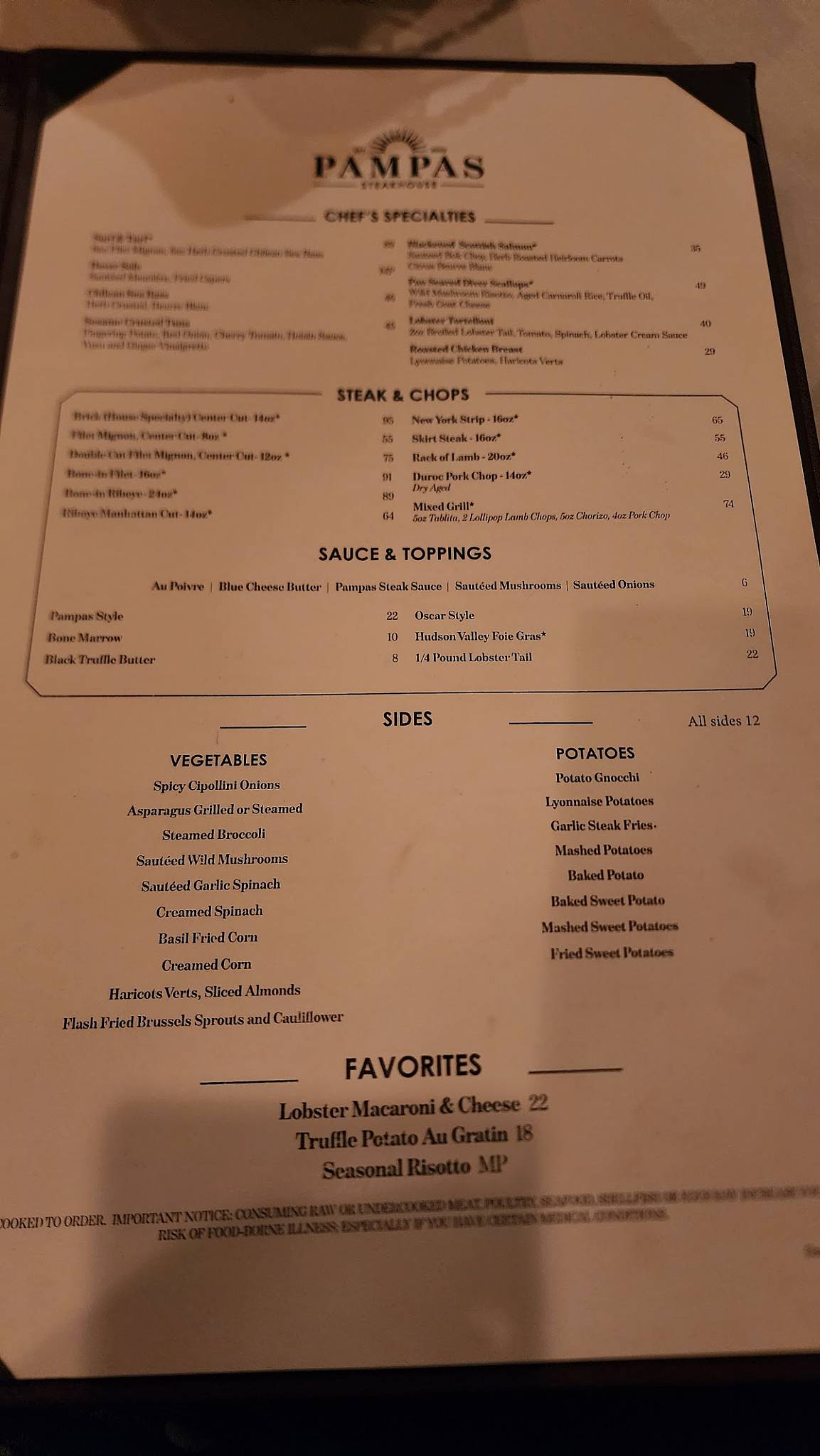 Menu at Pampas Steakhouse, Johns Creek