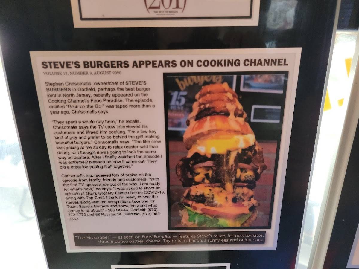 Menu at Steve's Burgers restaurant, Garfield, 506 US-46