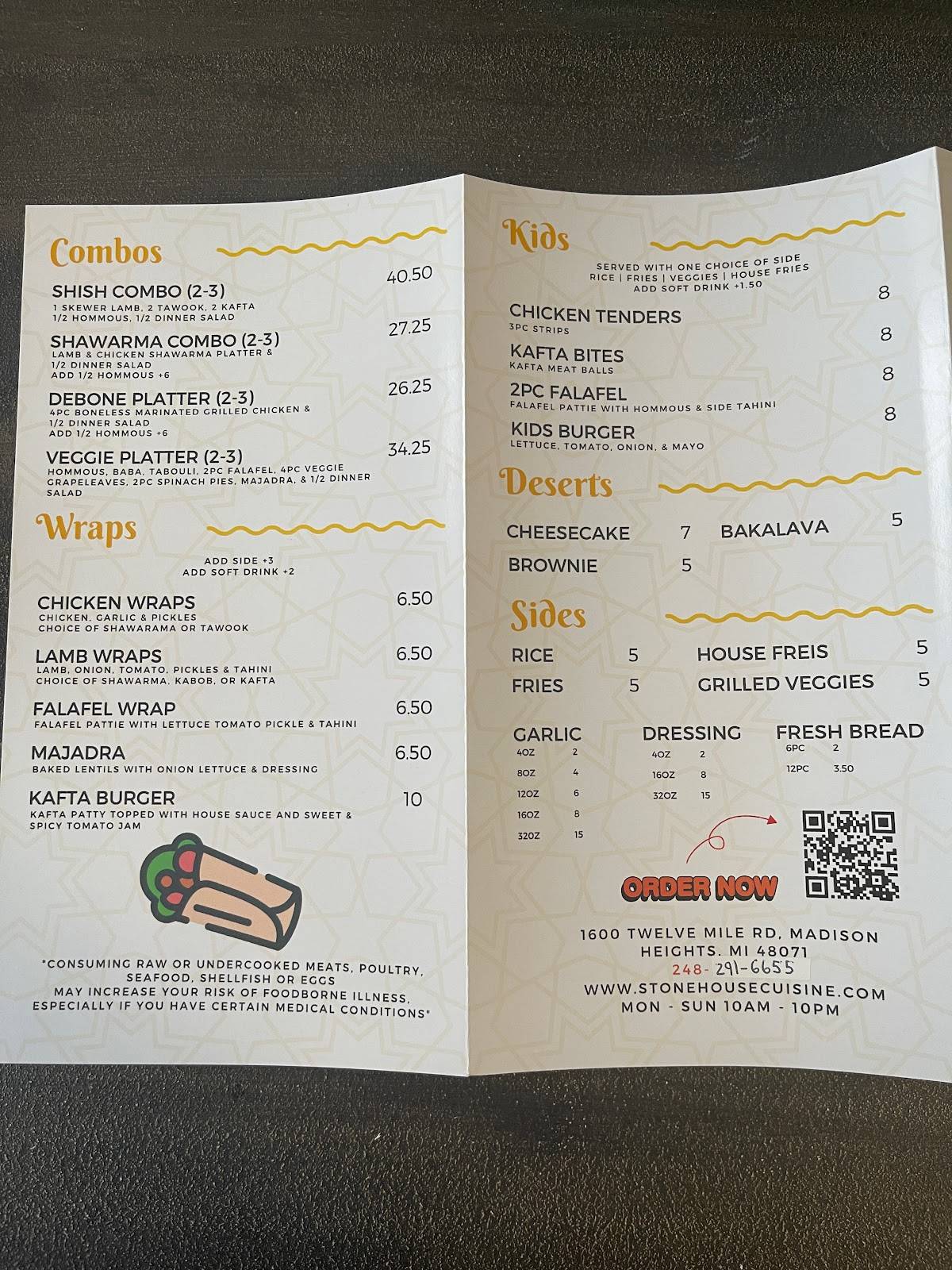 Carta del restaurante Stone House Mediterranean & Grill, Madison Heights