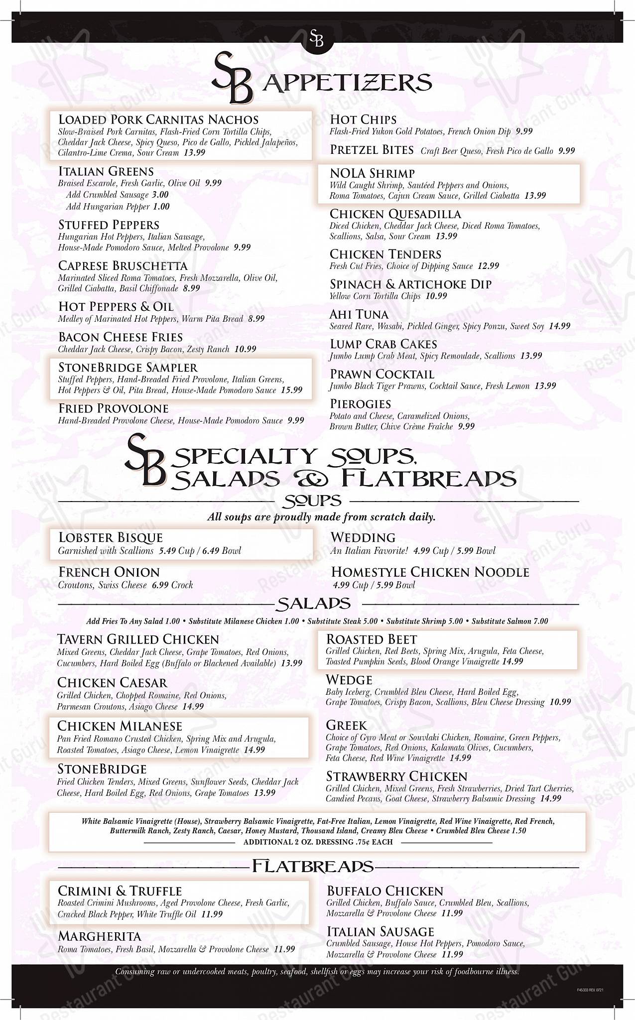 Menu at Stonebridge Grille & Tavern pub & bar, Youngstown