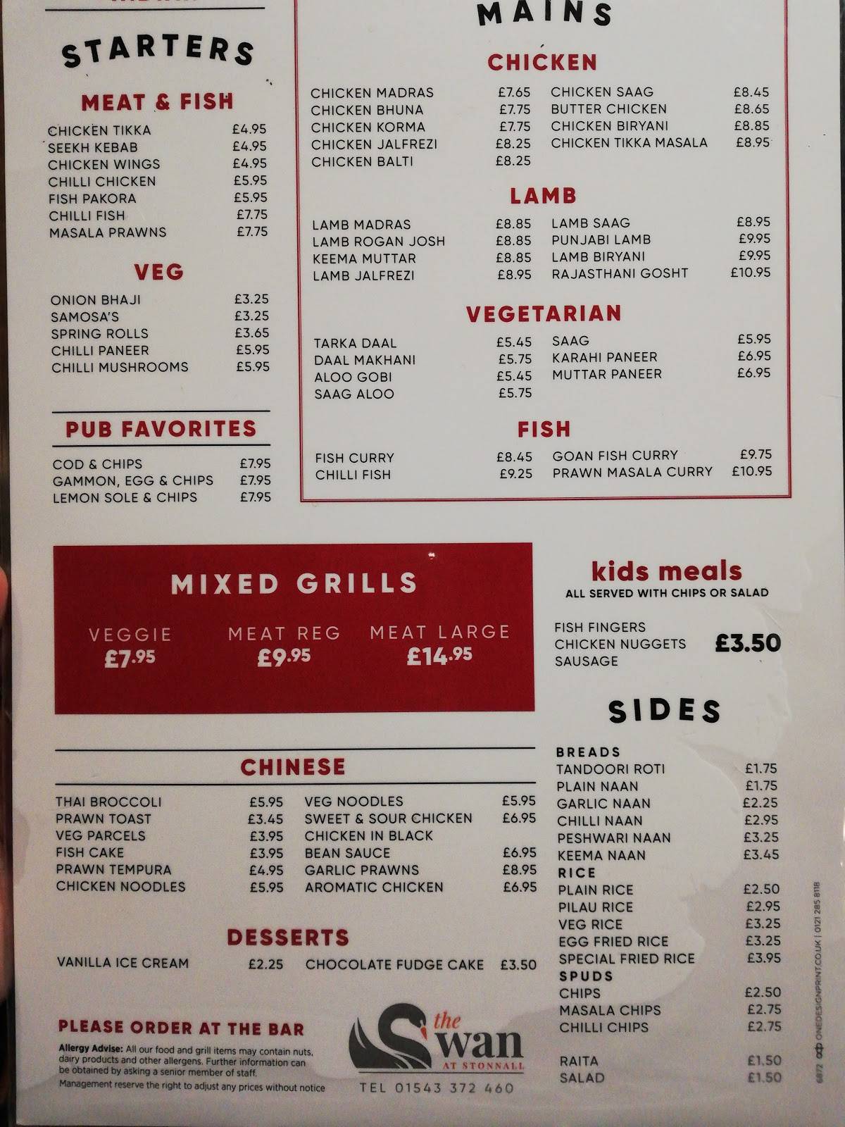 Menu at The Swan at Stonnall pub & bar, Walsall