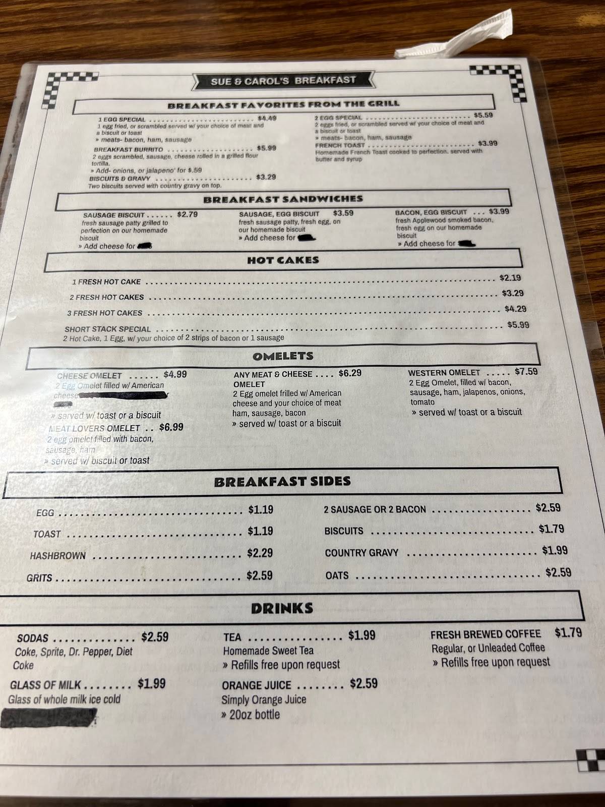 Menu at Sue N' Carol's Kitchen restaurant, Texarkana, 938 N State Line Ave