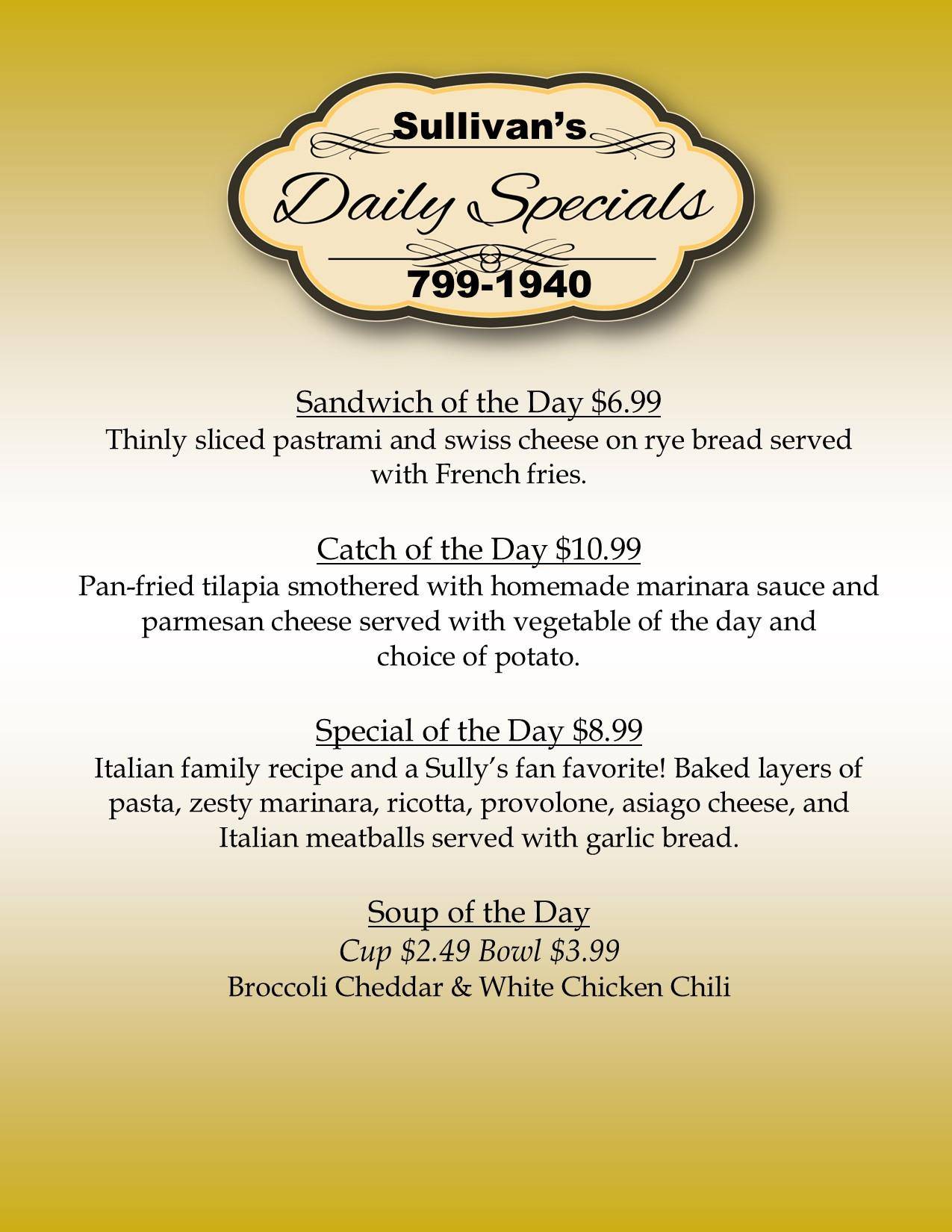 Menu at Sullivan's Food & Spirits restaurant, Saginaw