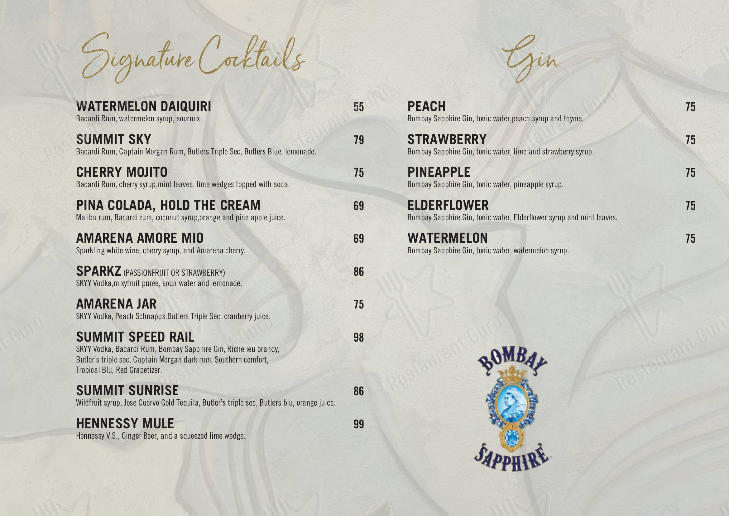 Menu at Summit Grill and Sky Bar Menlyn, Pretoria