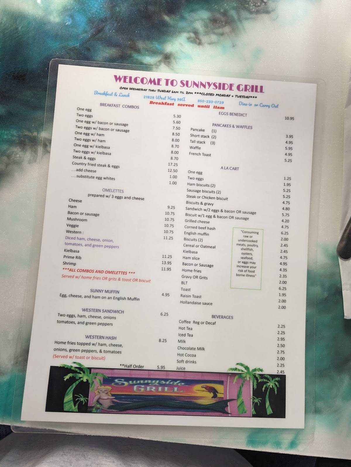 Menu at Sunnyside Grill restaurant, Panama City Beach