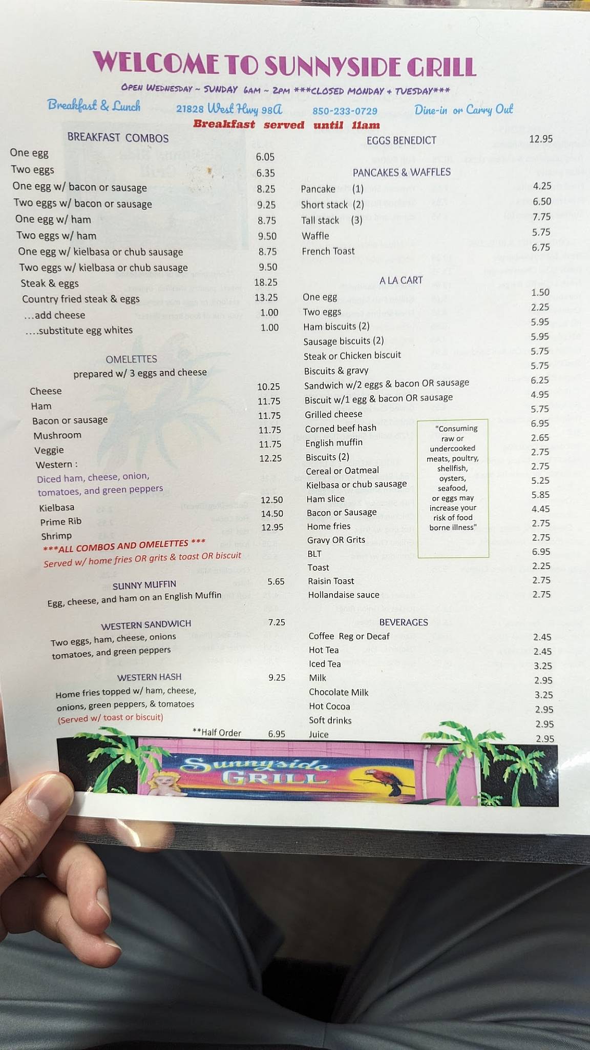 Menu at Sunnyside Grill restaurant, Panama City Beach