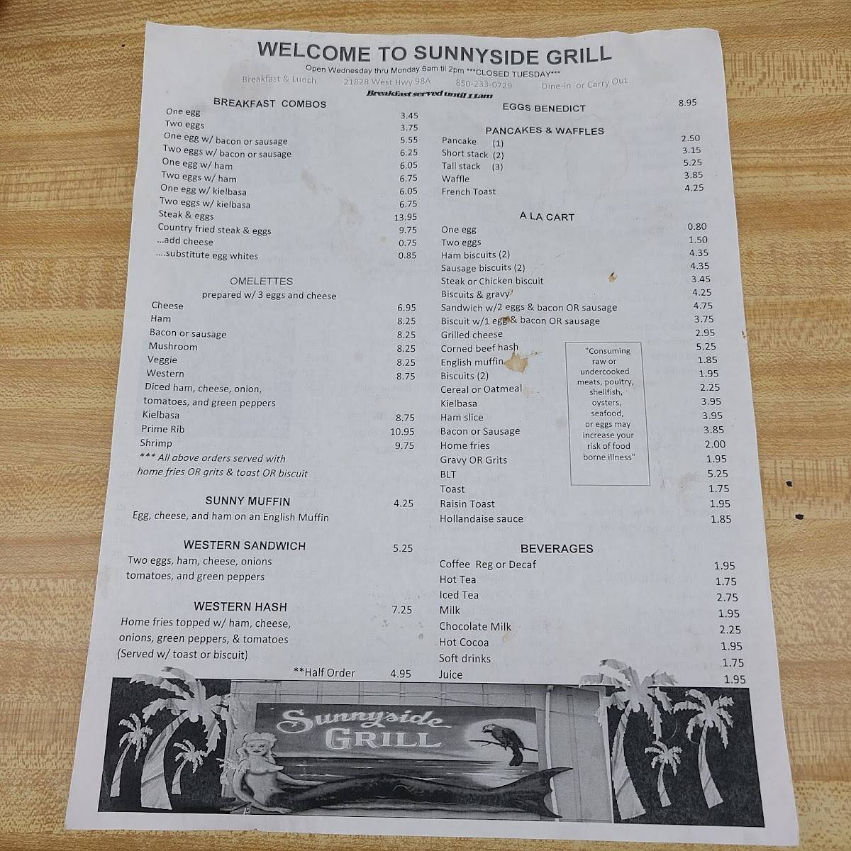 Menu at Sunnyside Grill restaurant, Panama City Beach