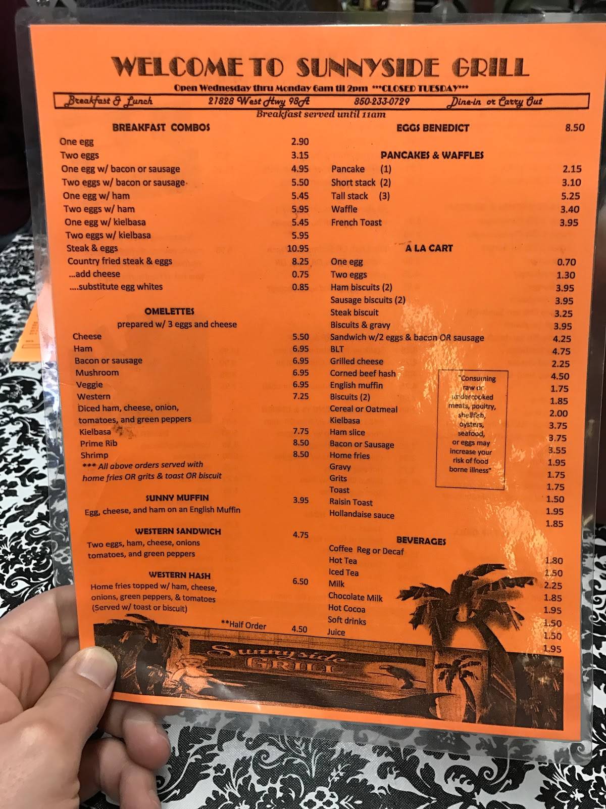 Menu at Sunnyside Grill restaurant, Panama City Beach
