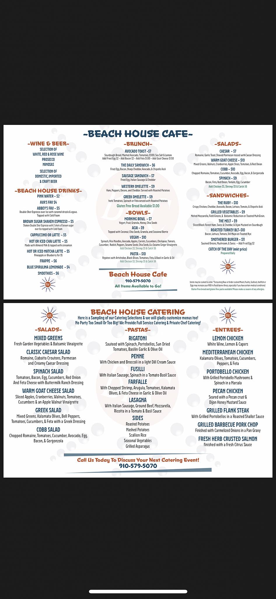 Menu at Beach House Cafe, Sunset Beach