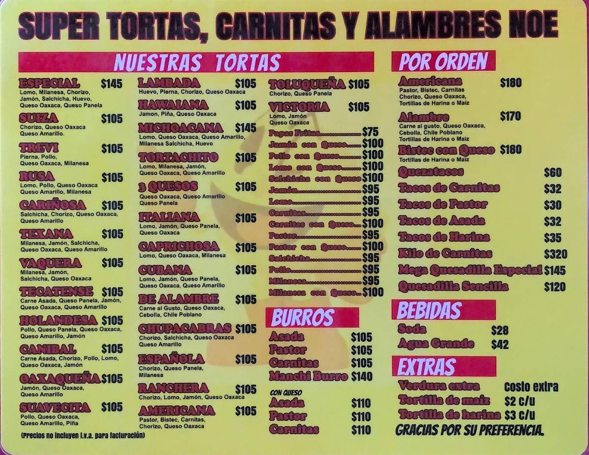 Carta del restaurante Super Tortas Y Carnitas Noe, Tecate