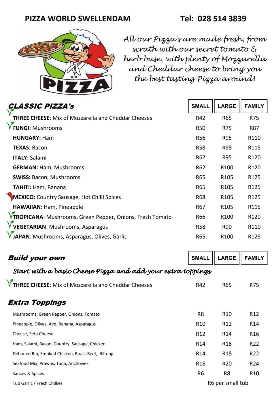 Menu at Pizza World pizzeria, Swellendam