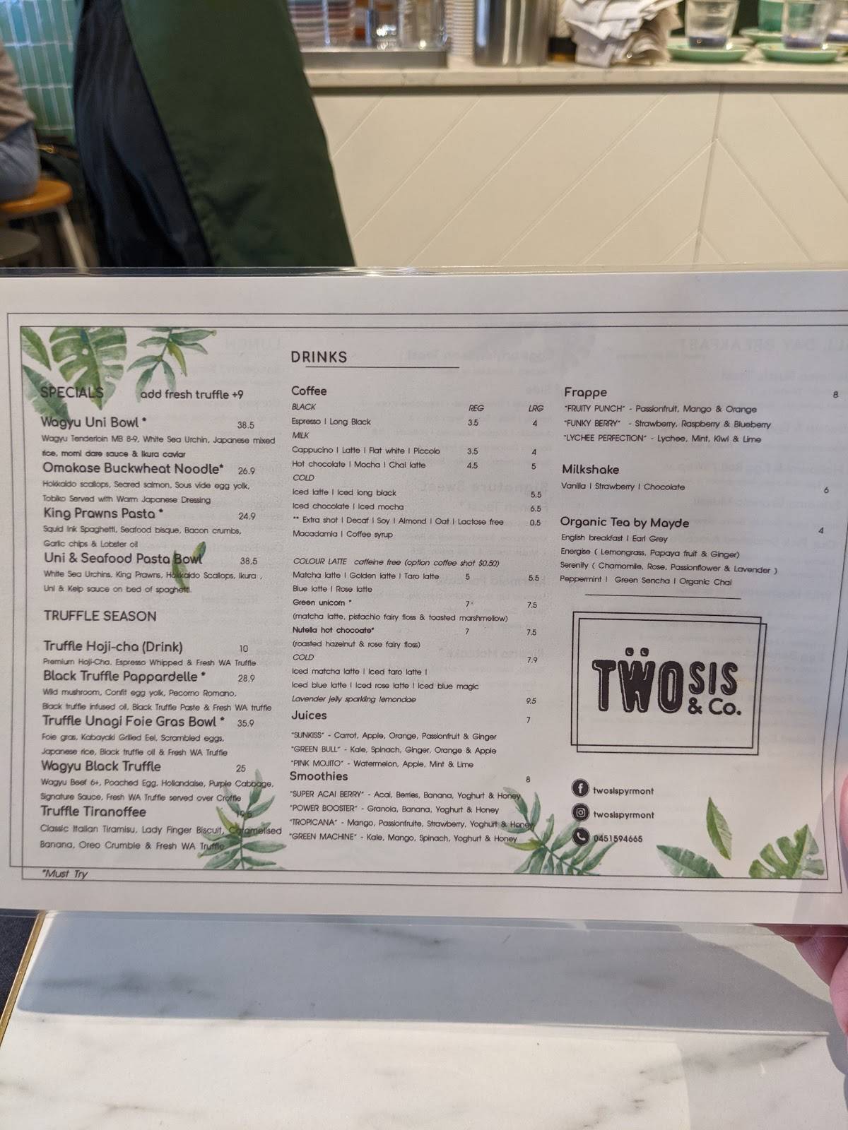 Menu at two sis & co cafe, Pyrmont