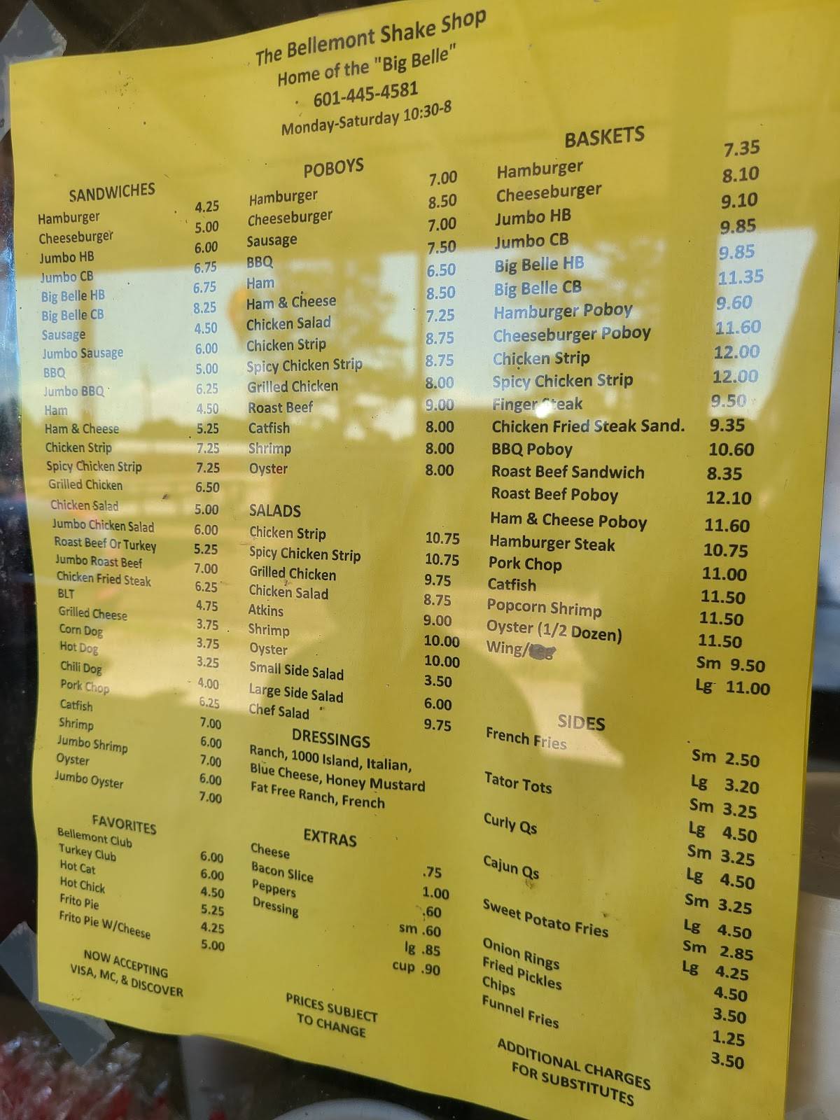 Menu at THE BELLEMONT SHAKE SHOP restaurant, Natchez, 175 US-61