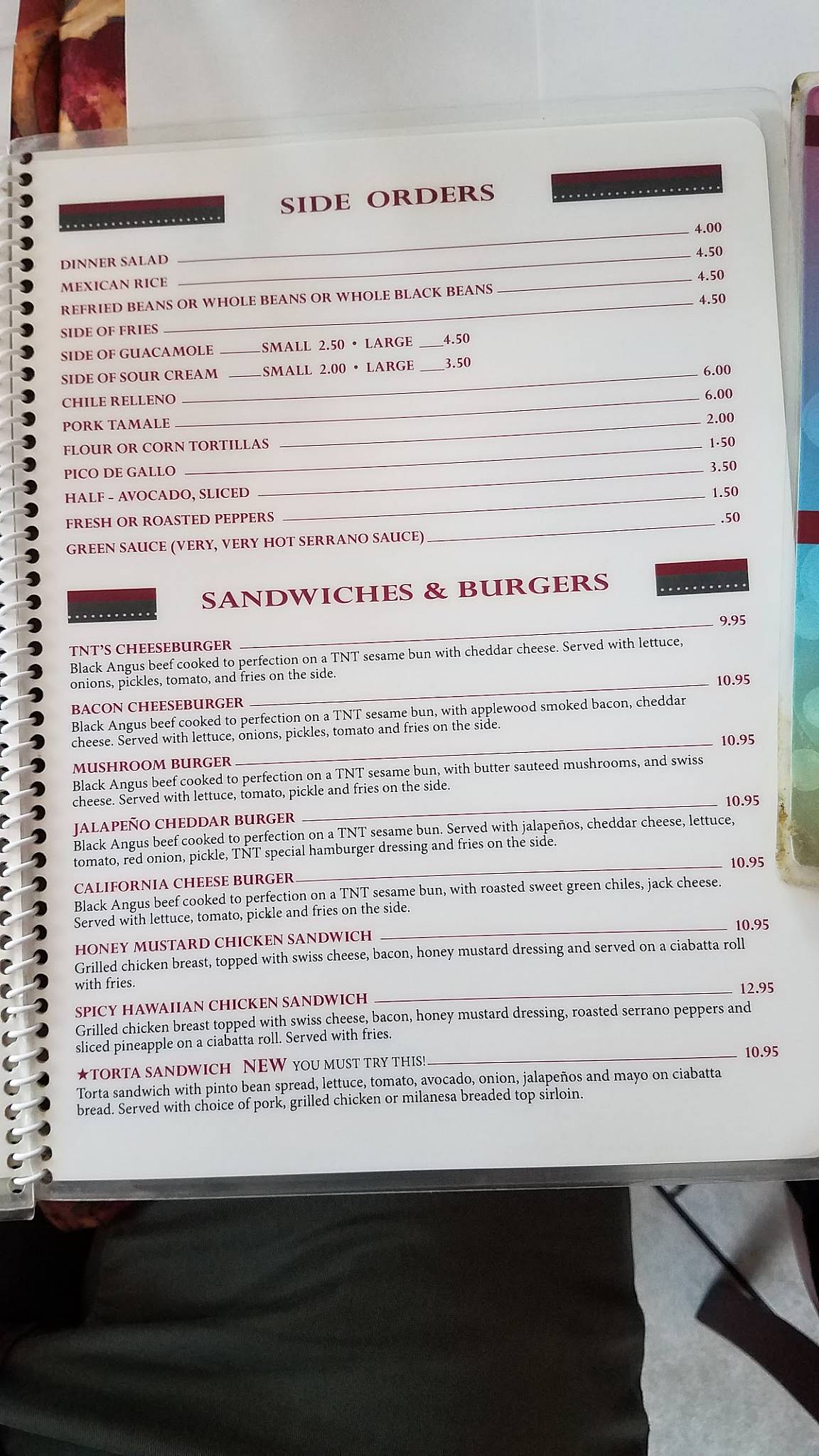 Menu at TNT on the Lake restaurant, Lakeport, Lakeshore Blvd