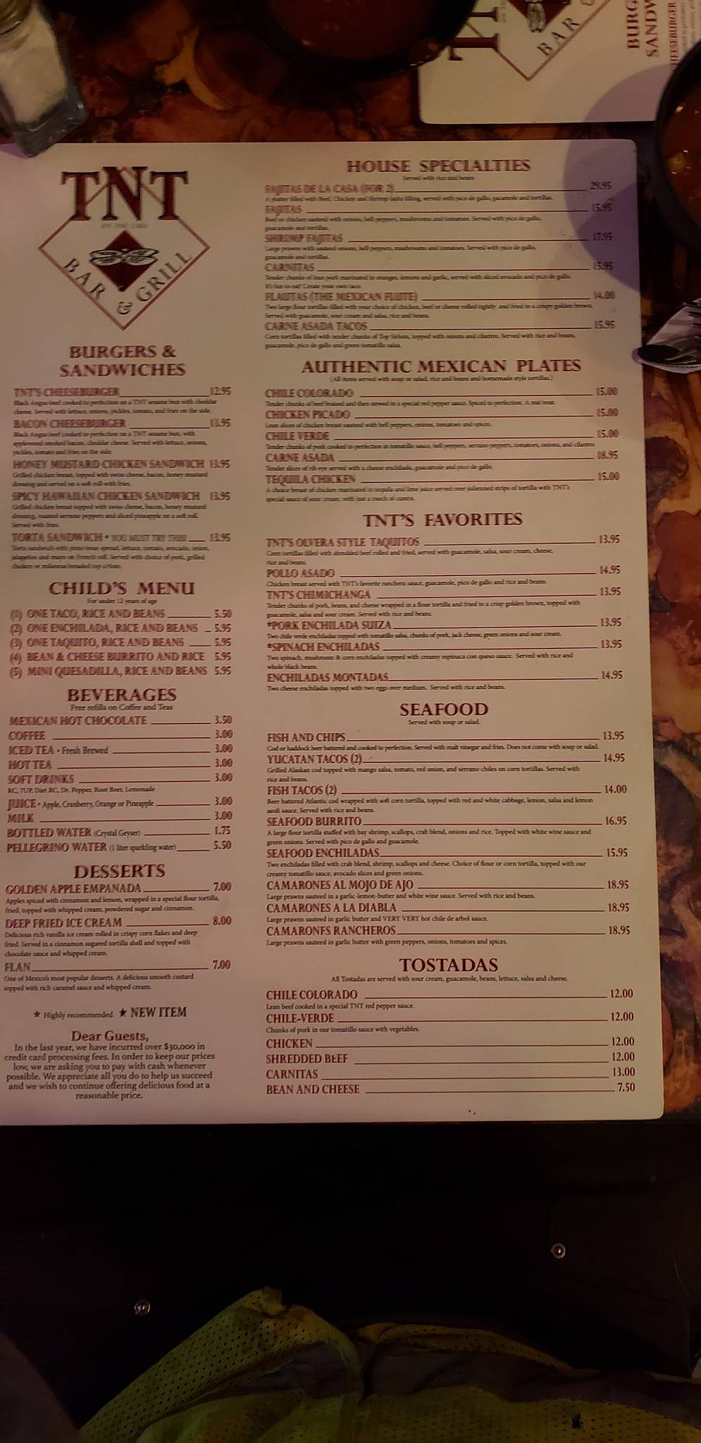 Menu at TNT on the Lake restaurant, Lakeport, Lakeshore Blvd