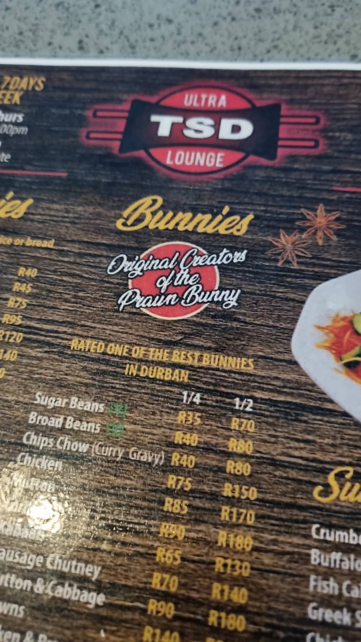 Menu at TSD Ultra LOUNGE restaurant, Durban North