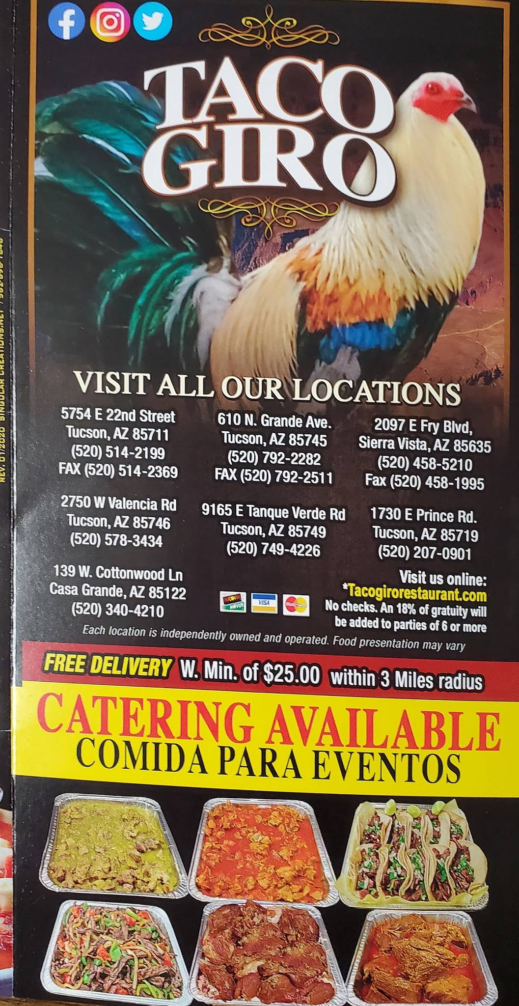 Menu at Taco Giro Mexican Grill restaurant, Sierra Vista