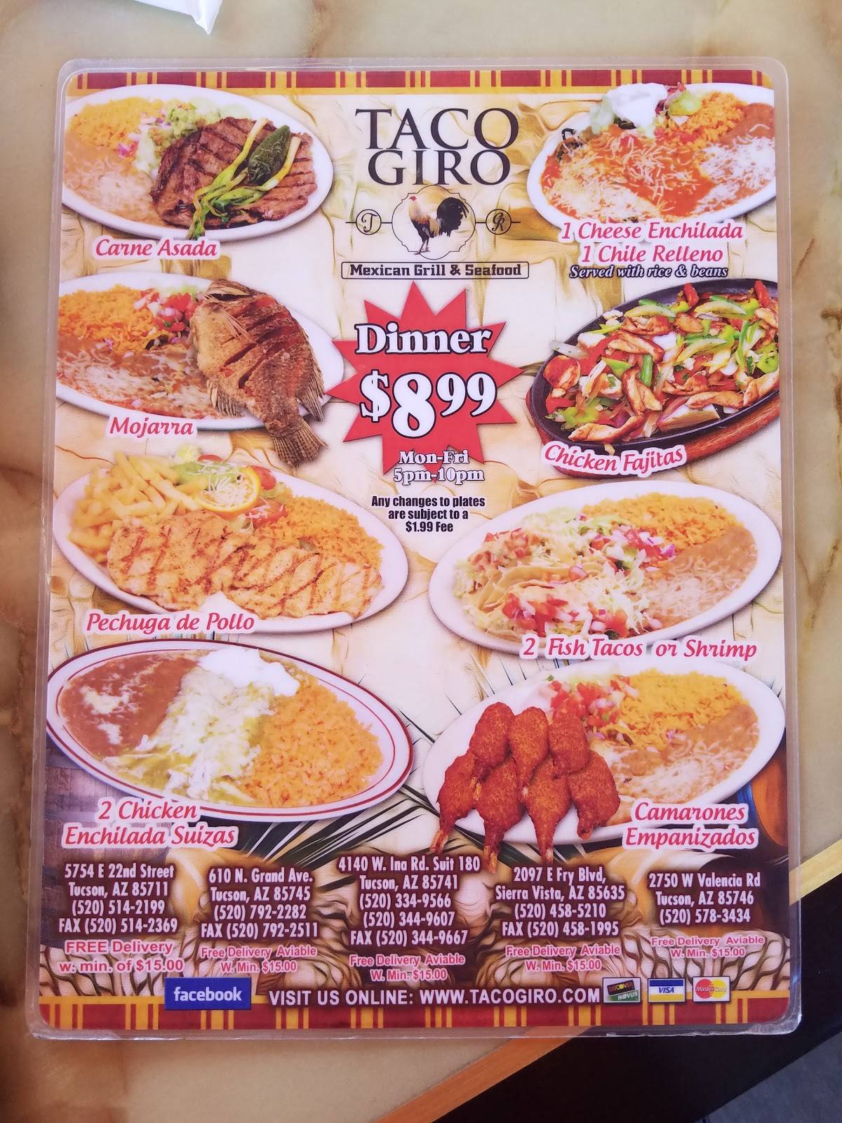 Menu at Taco Giro Mexican Grill restaurant, Sierra Vista