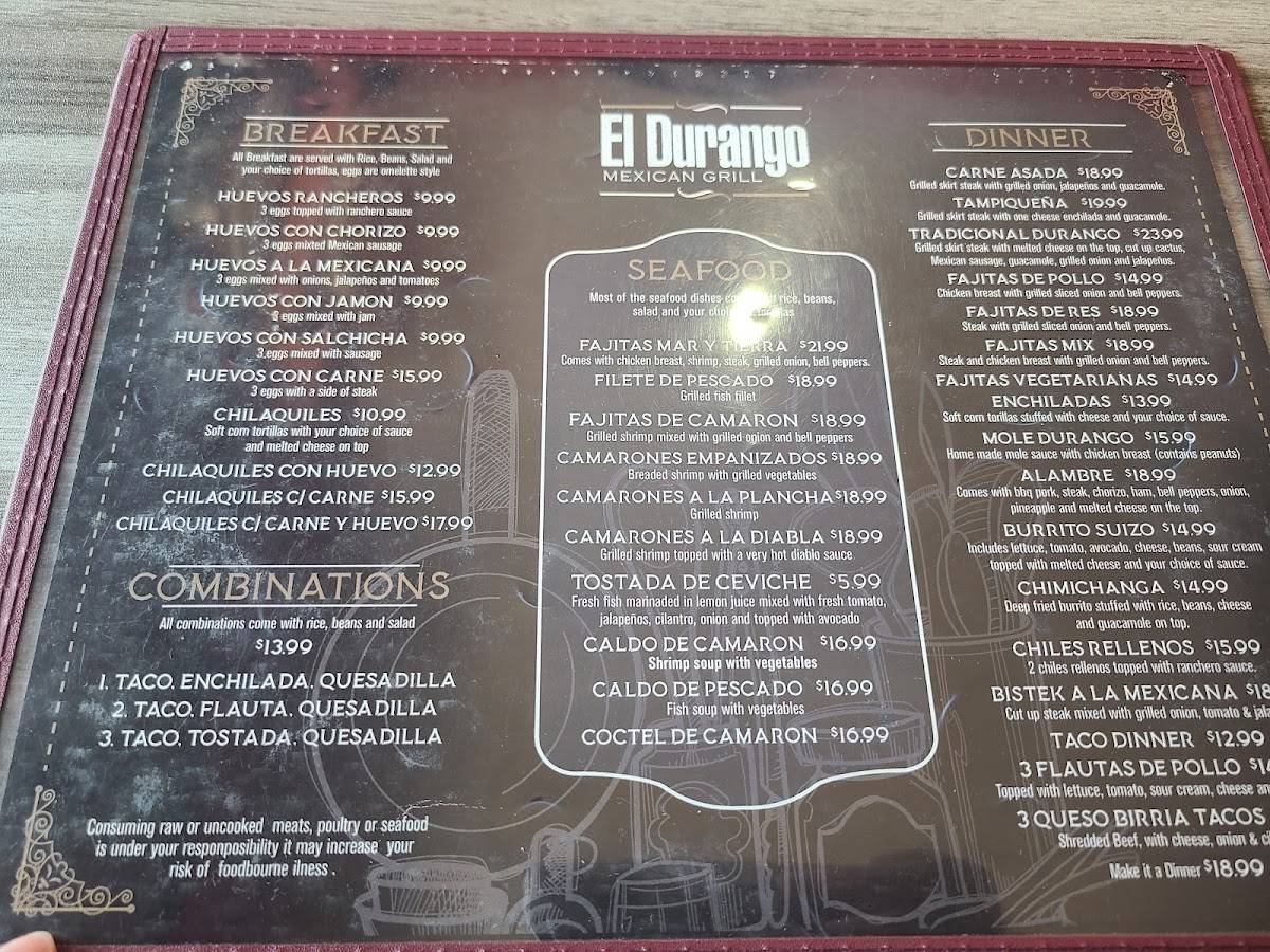Menu at Tacos el Durango Mexican Grill restaurant, Gurnee