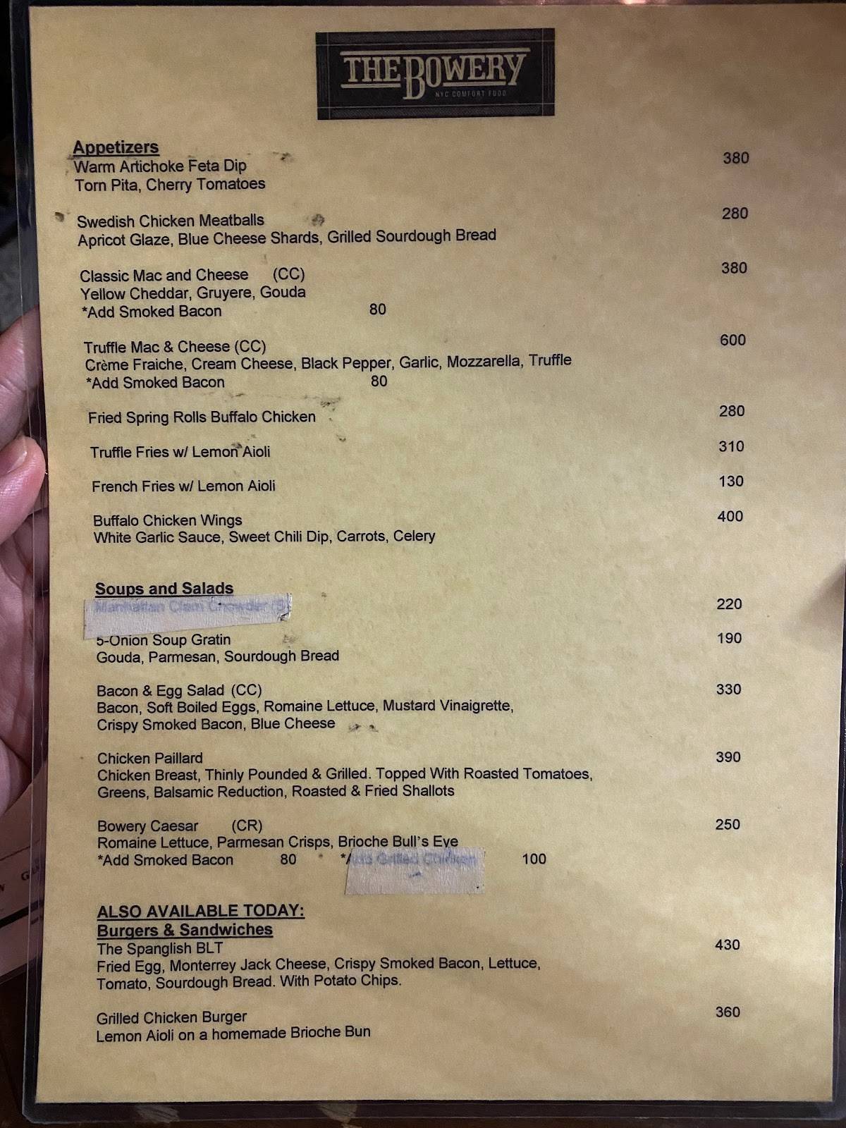 Menu at The Bowery restaurant, Taguig