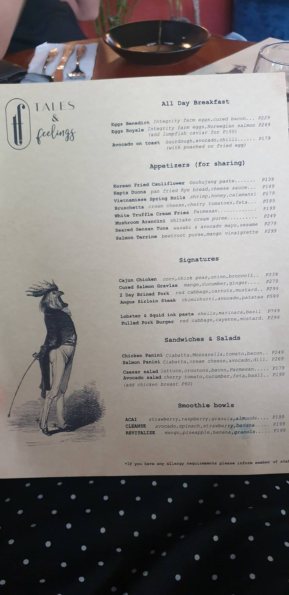 Menu at Tales and Feelings restaurant, Cebu City