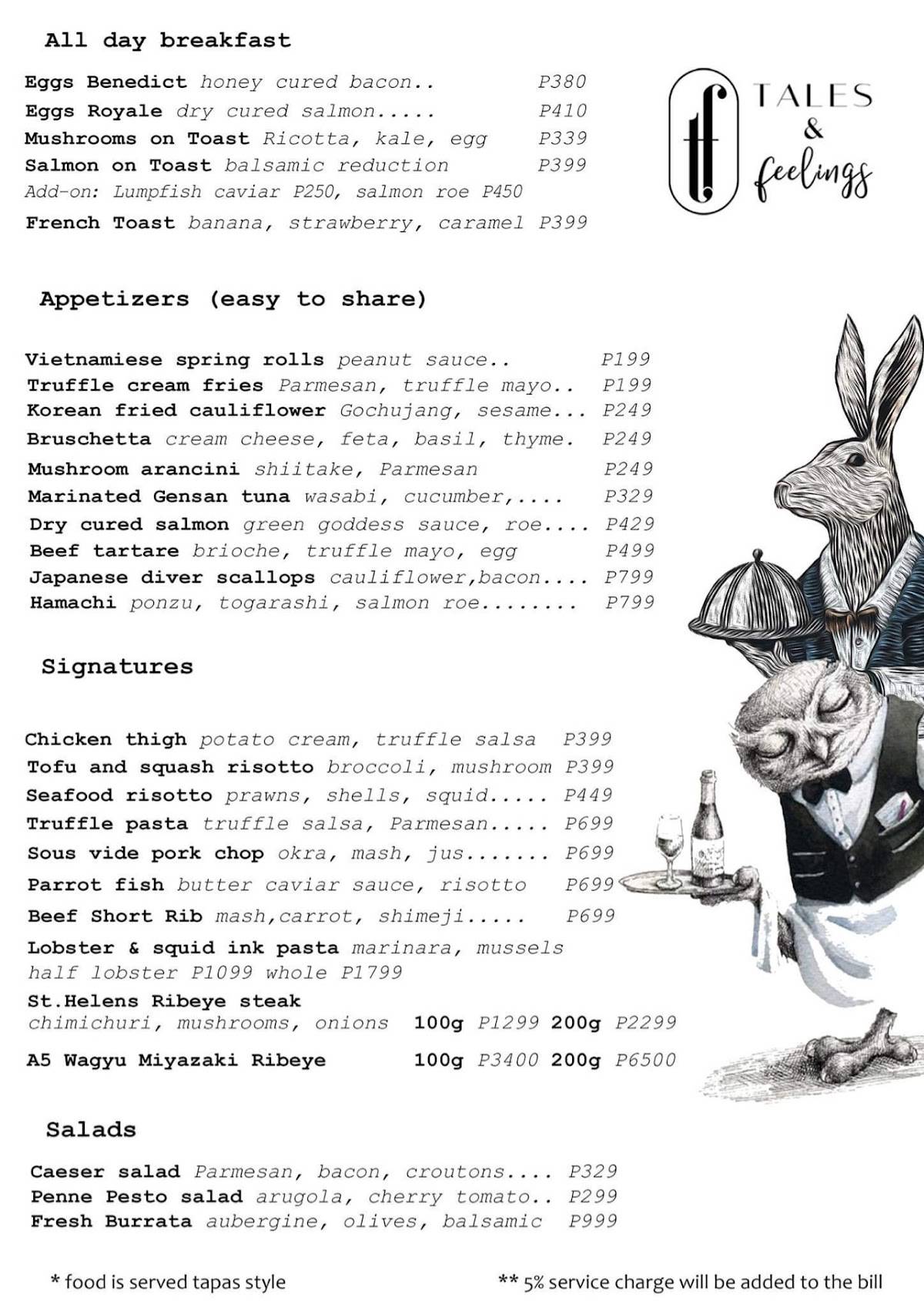 Menu at Tales and Feelings restaurant, Cebu City