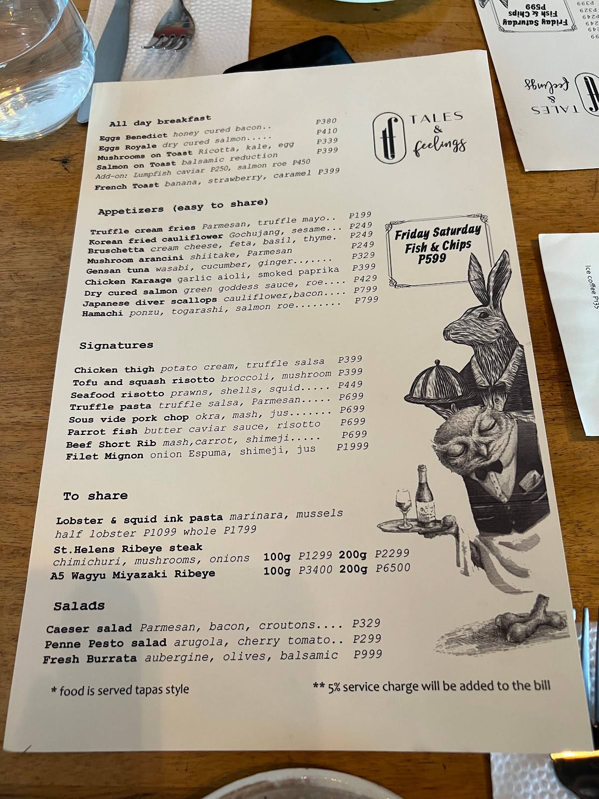 Menu at Tales and Feelings restaurant, Cebu City